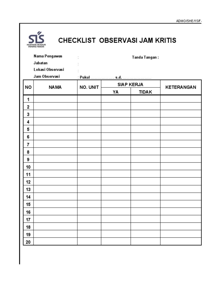 ADMO SHE 15 F-002 R0 Checklist Observasi Jam Kritis | PDF