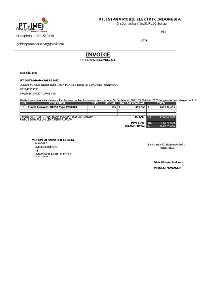 Invoice Sewa Excavator | PDF
