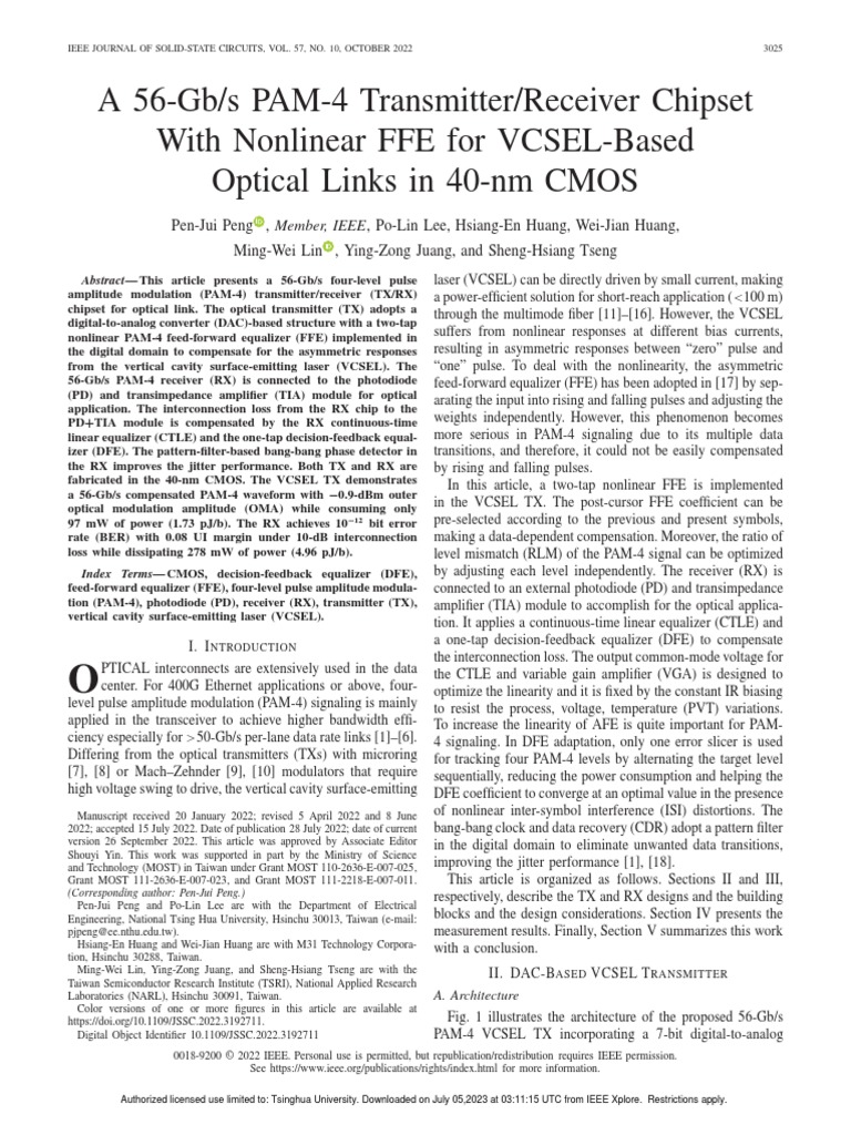 A 56-Gb S PAM-4 Transmitter Receiver Chipset With Nonlinear FFE For VCSEL-Based Optical Links in ...
