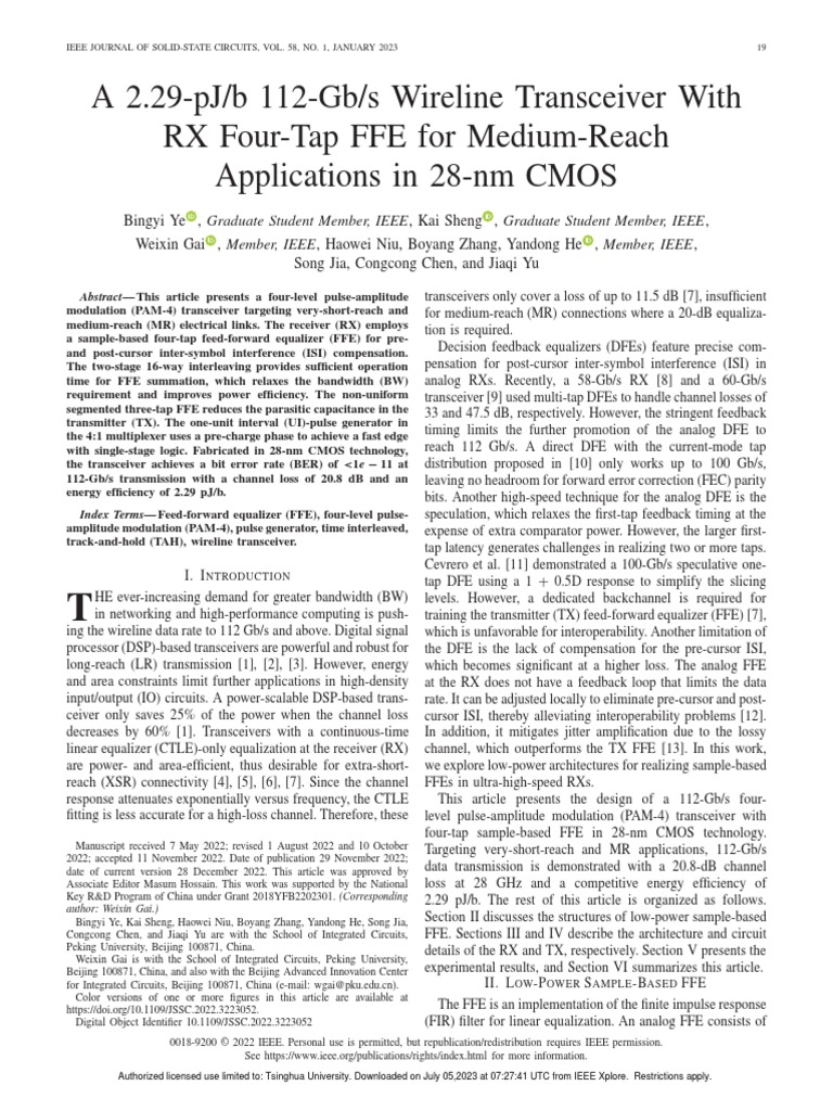 A 2 29 Pj B 112 Gb S Wireline Transceiver With Rx Four Tap Ffe For Medium Reach Applications In