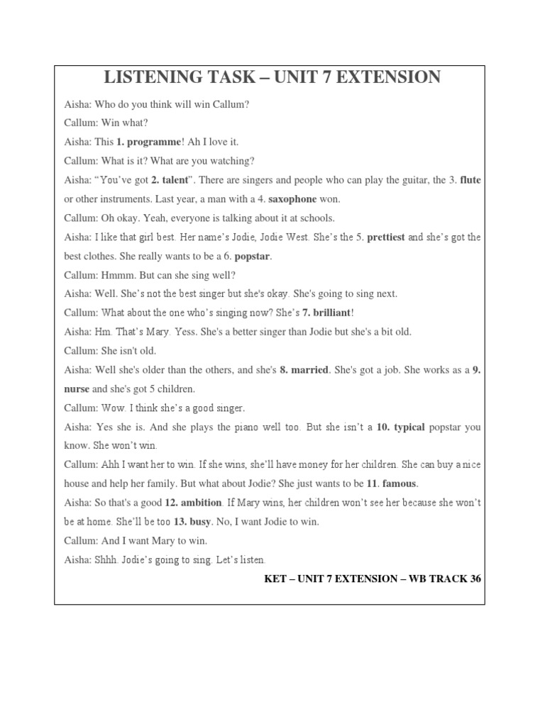 Ket 1 - Unit 7 Extension - WB | PDF