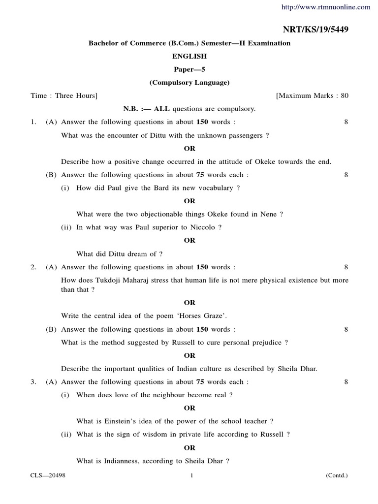 Bcom 2 Sem English Compulsory Language 5449 Summer 2019 | PDF