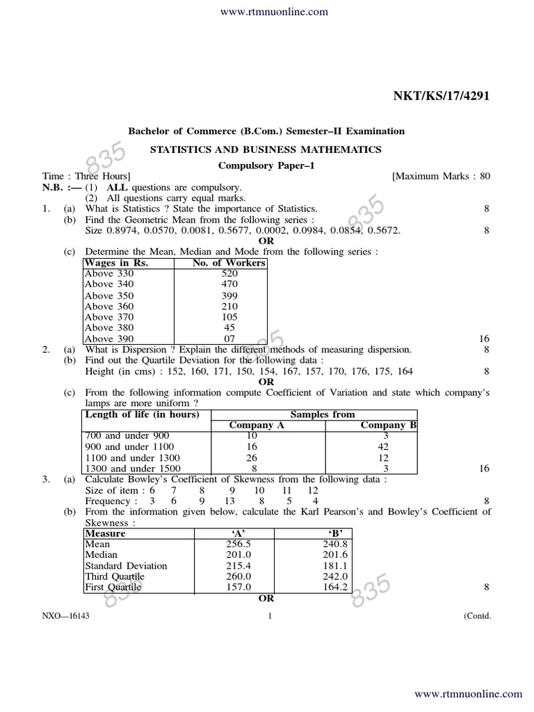 Bcom 2 Sem Statistics and Business Mathematics Compulsory Summer 2017 | PDF