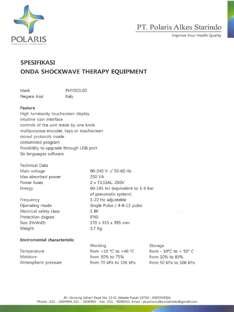 Spesifikasi Onda Shockwave Therapy Equipment | PDF