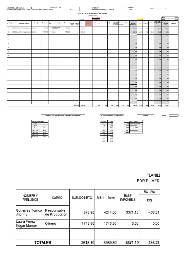 Ejemplo Planilla Mensual 2023 | PDF