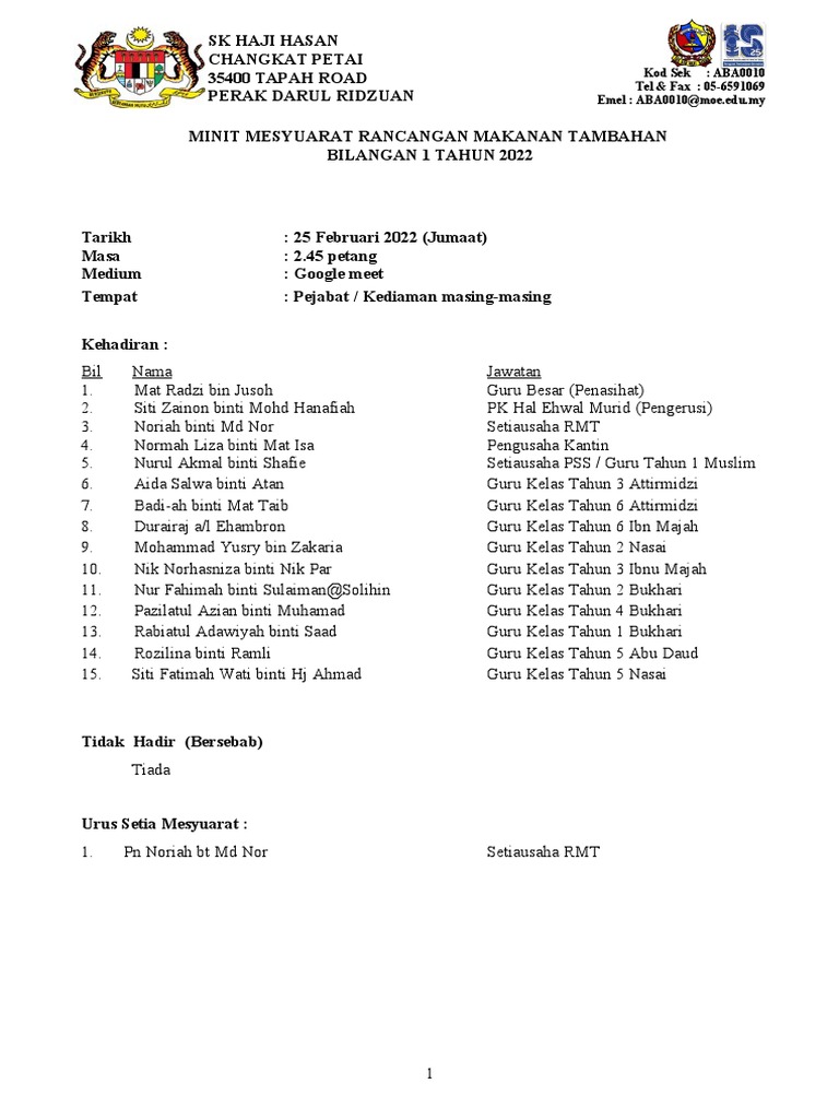 Minit Mesyuarat RMT Bilangan 1 2022 | PDF