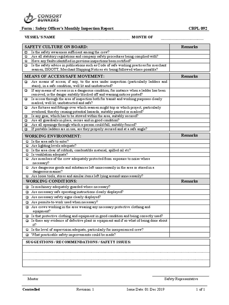 Safety Officer's Monthly Inspection Report (Ocean) | PDF | Safety ...