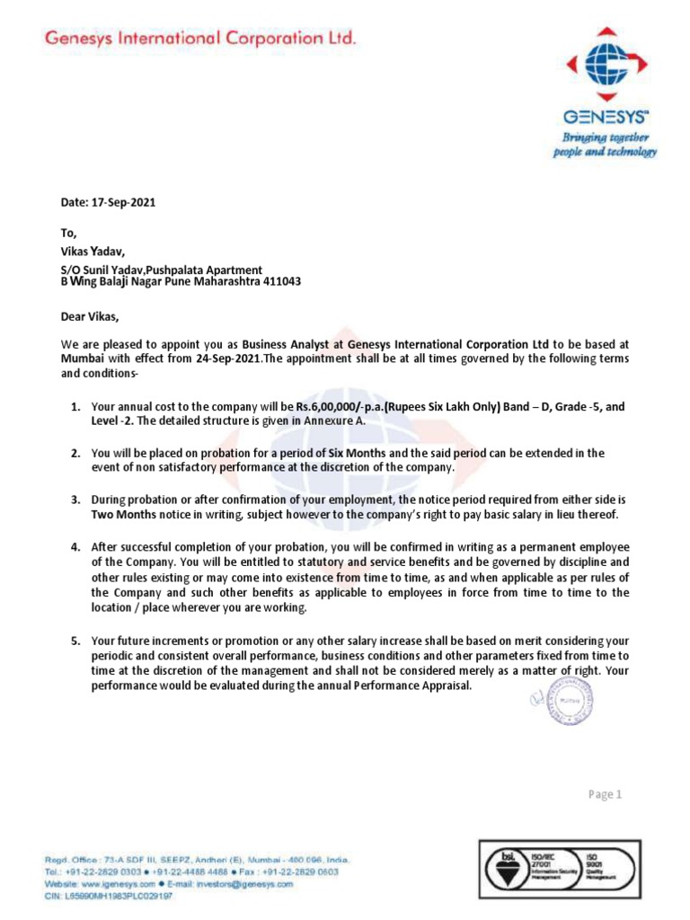 Offer Letter - Vikas - Geneys | PDF