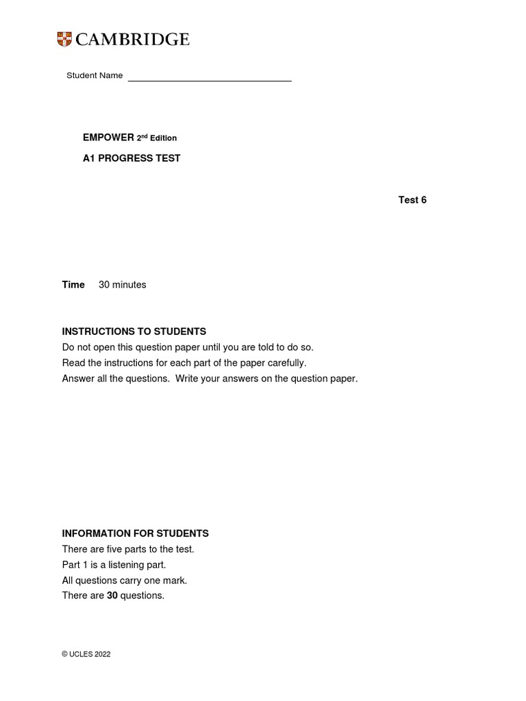 Empower Second Edition A1 Unit Progress Test 6 - Version A | PDF