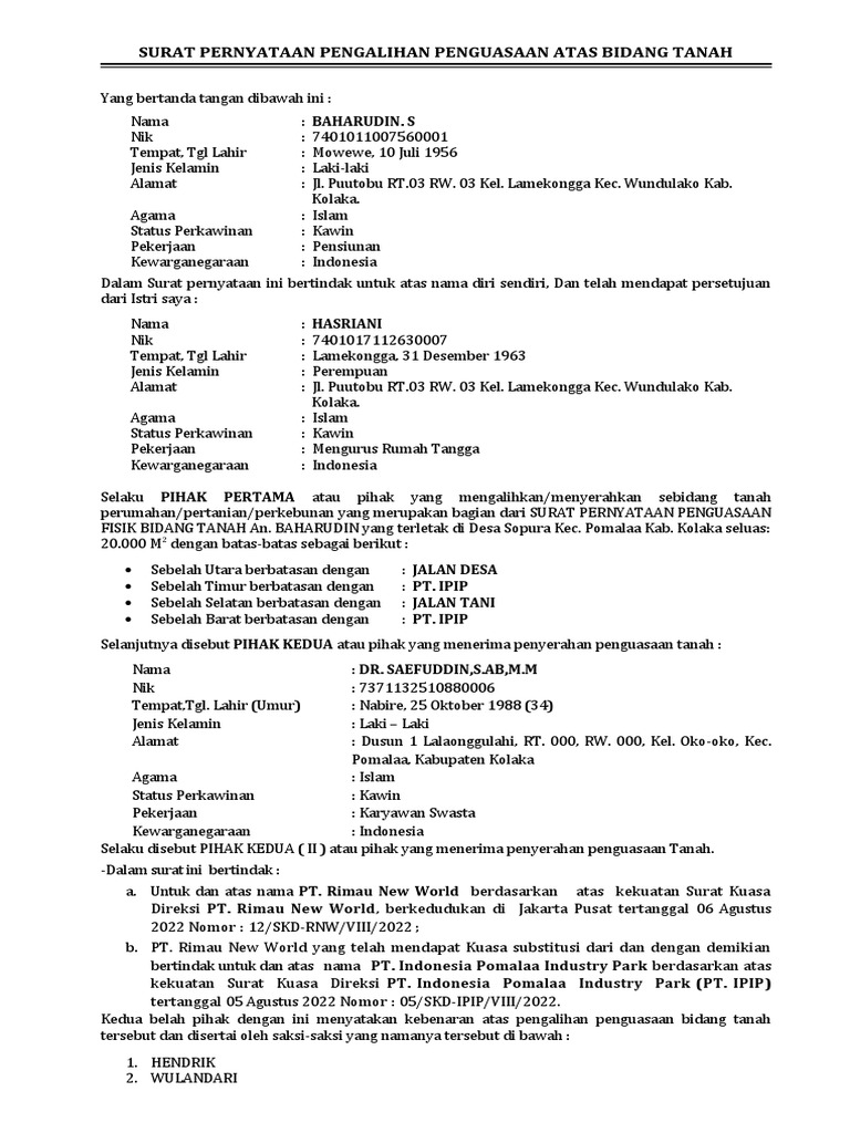 Surat Pernyataan Pengalihan Penguasaan Atas Bidang Tanah Blok Baru | PDF