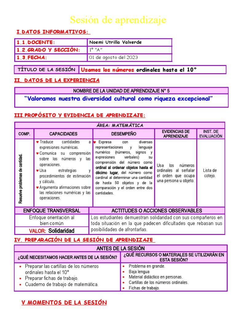 Sesión Matemática Usamos Números Ordinales 1° Al 10° | PDF