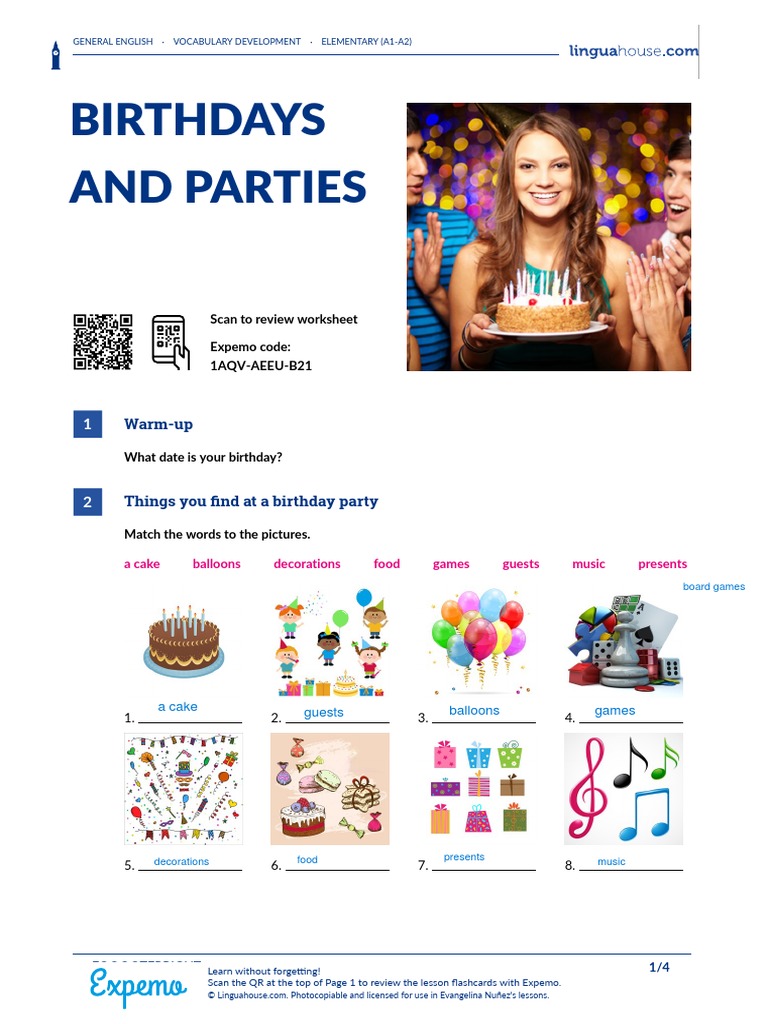 Elementary Birthday Party Vocabulary | PDF
