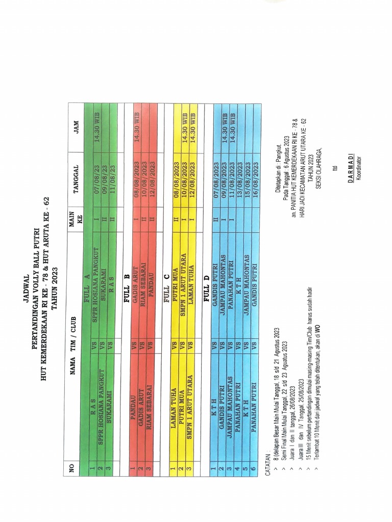 Jadwal Pertandingan Voli HUT 2023 | PDF