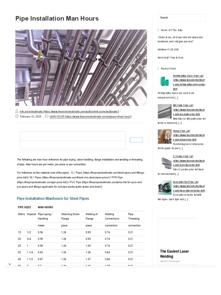 Pipe Installation Man Hours Pdf
