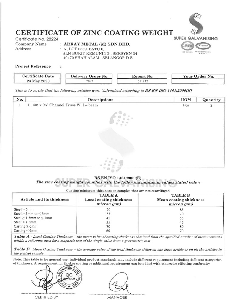 SUPERGALVANISING HDG CERT | PDF