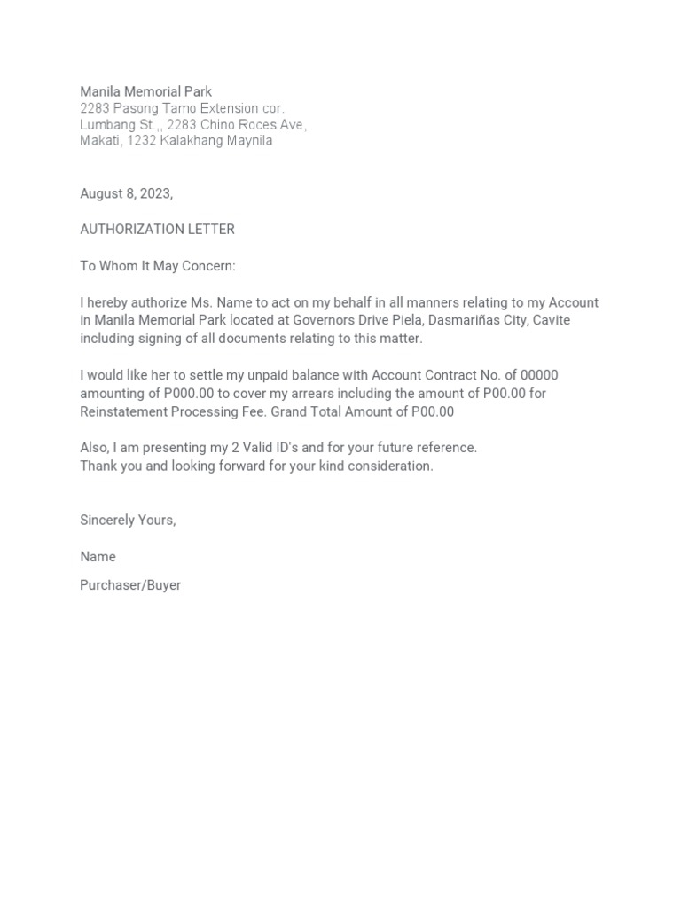 Manila Memorial Park Authorization Letter | PDF