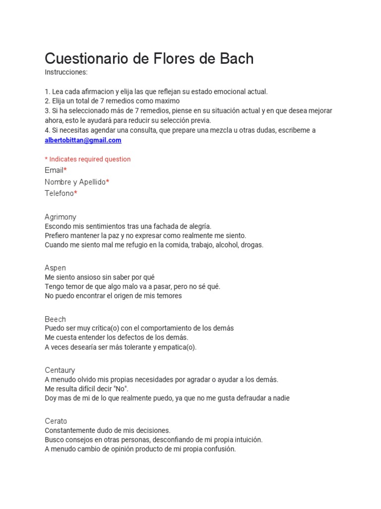 Cuestionario de Flores de Bach | PDF