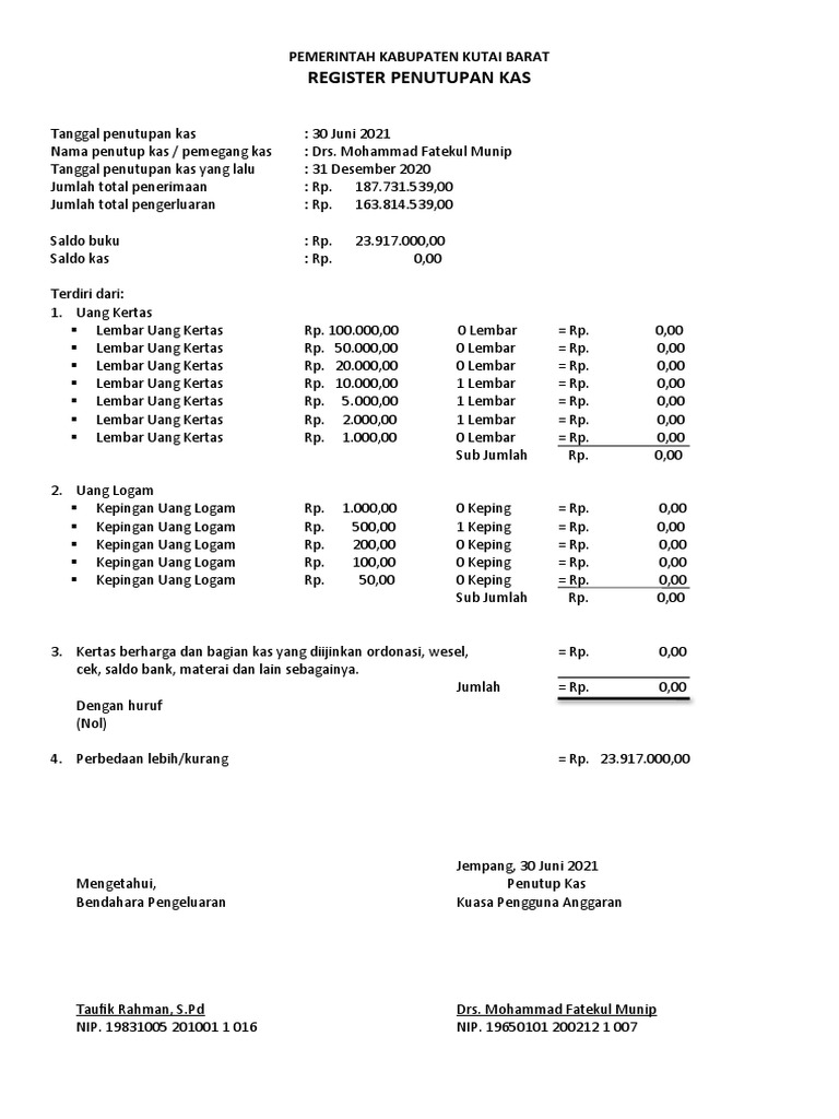Register Penutupan Kas | PDF