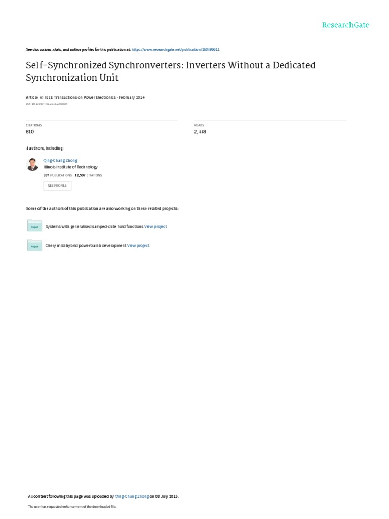 Self-Synchronized Synchronverters: Inverters Without A Dedicated Synchronization Unit | PDF