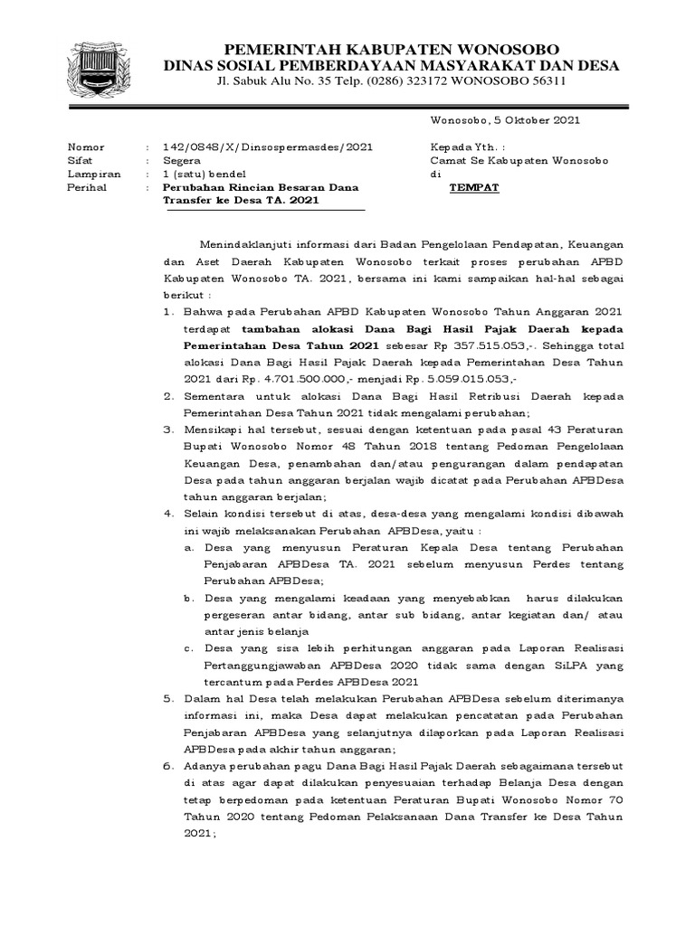 Lengkap - Surat Perubahan Pagu DTD 2021 | PDF