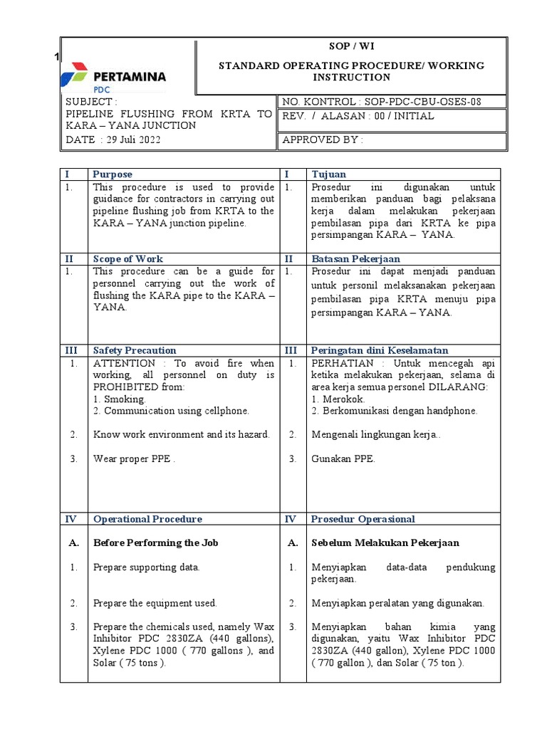 SOP Flushing Pipeline KRTA Ke Junction KARA - YANA - Rev00 | PDF