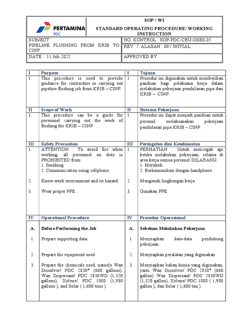 SOP Flushing Pipeline KRIB - CINP - Rev00 | PDF | Teknologi & Rekayasa