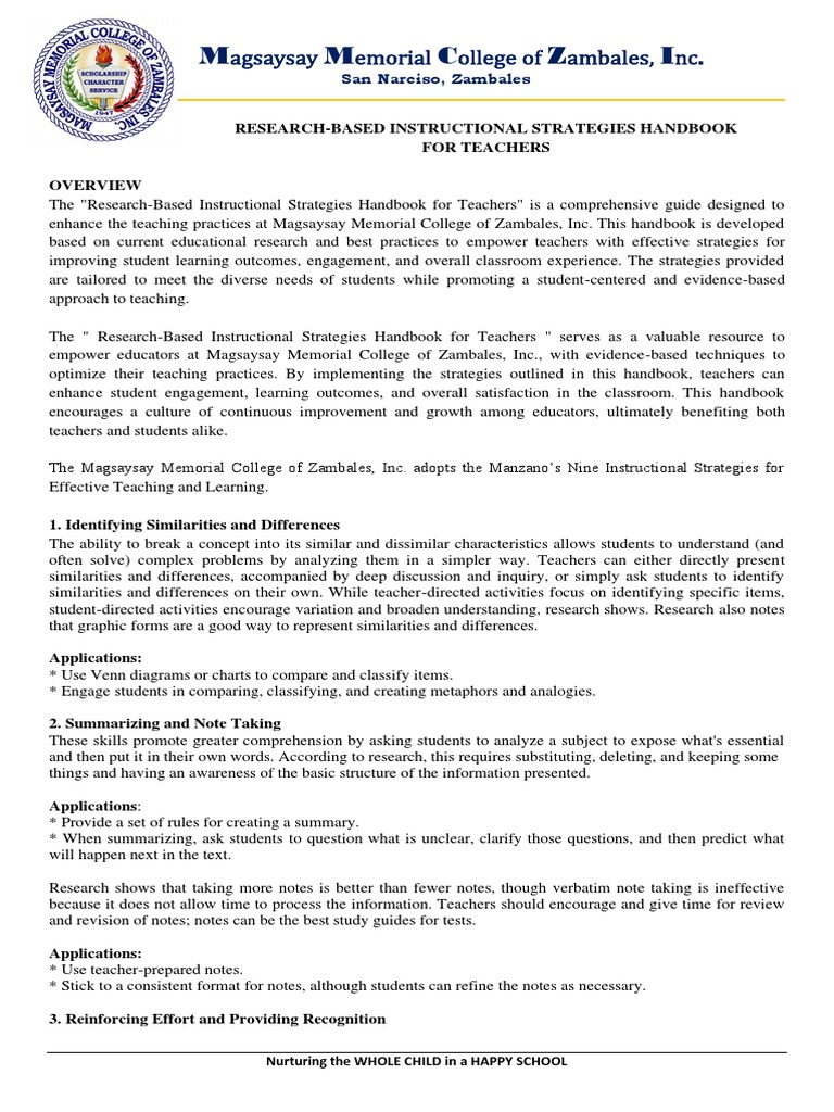Research Based Instructional Strategies Handbook For Teachers | PDF