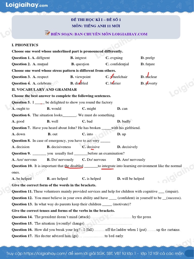 10 de Thi Hoc Ki 1 Tieng Anh 11 Moi Co Dap An Va Loi Giai Chi Tiet 1671773993 | PDF