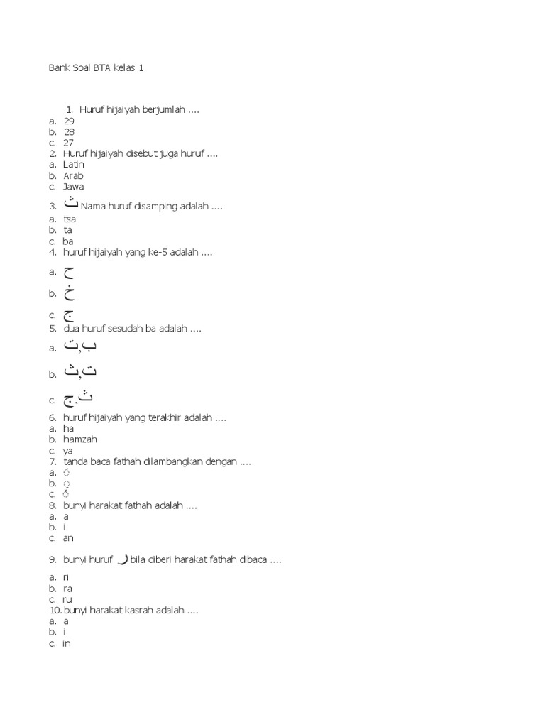 Bank Soal BTA Kelas 1 | PDF