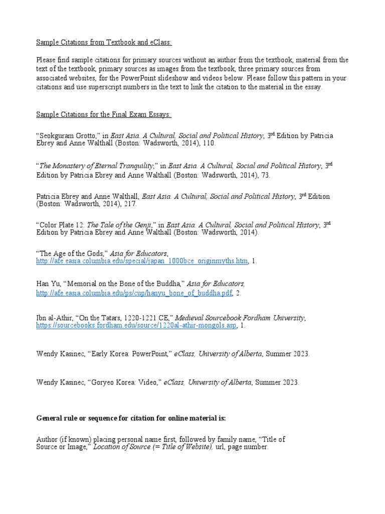 Sample Citations For The Final Exam Essays | PDF