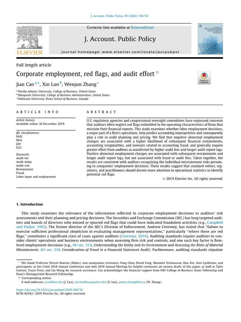 Corporate Employment, Red Flags, and Audit Effort 2020 | PDF