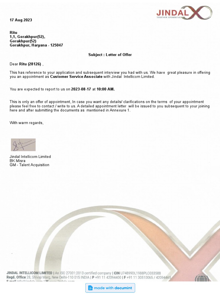Offer Letter - (704) 220-9534 | PDF
