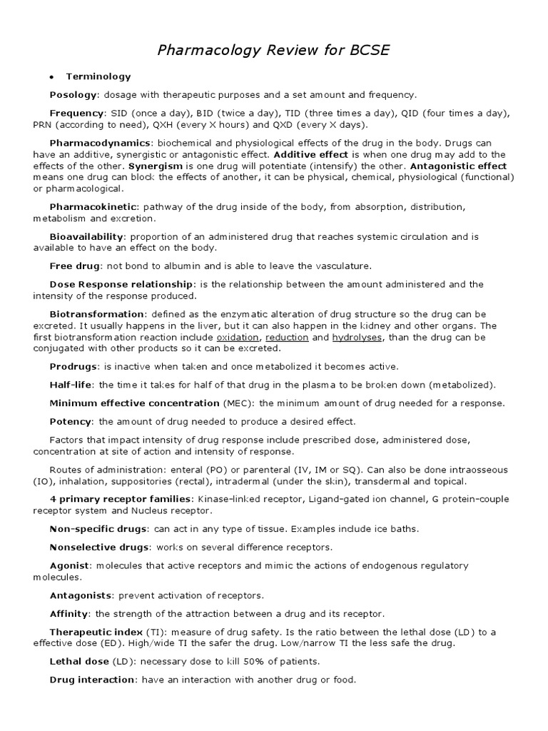 Pharmacology Review For BCSE | PDF