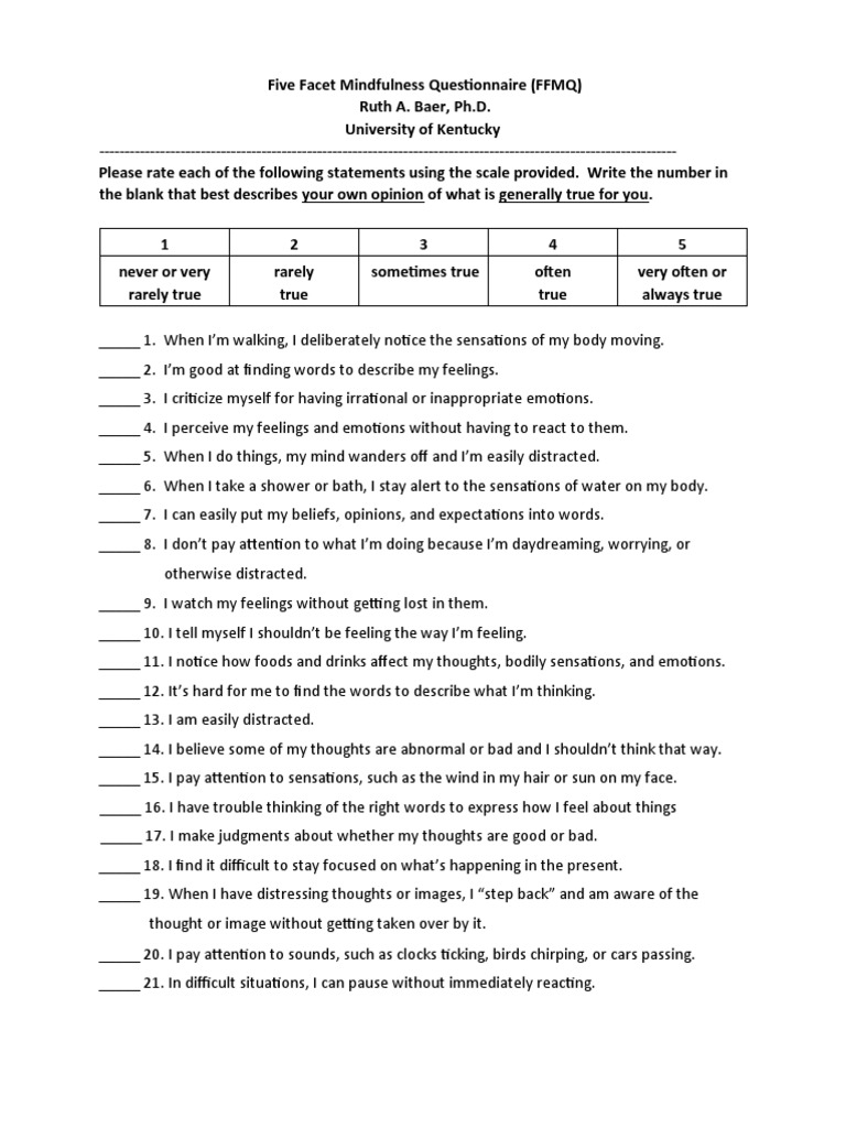 Five Facet Mindfulness Questionnaire | PDF