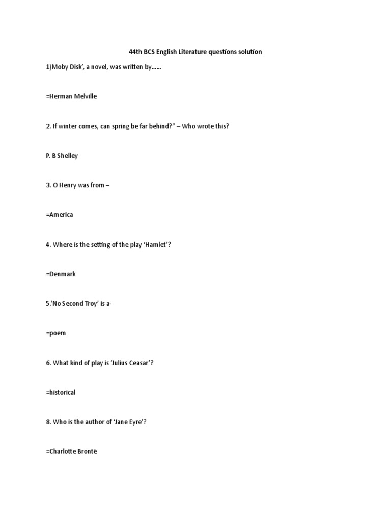 44th BCS English Literature Solutions | PDF | General Fiction