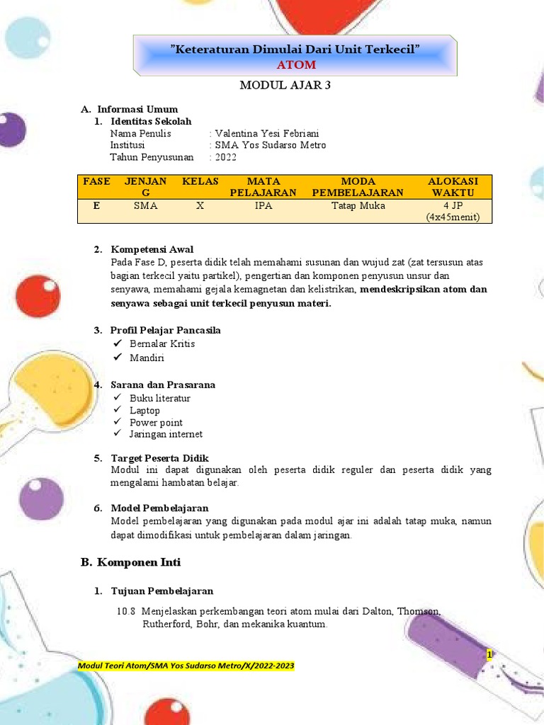 Modul Ajar - Kimia - SMA - Bab 5 Part 2 (Teori Atom) | PDF