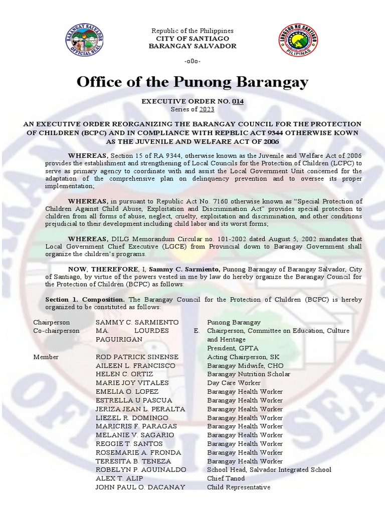 Executive Order No. 014 S. 2023 - REORGANIZING THE BARANGAY COUNCIL FOR THE PROTECTION OF ...