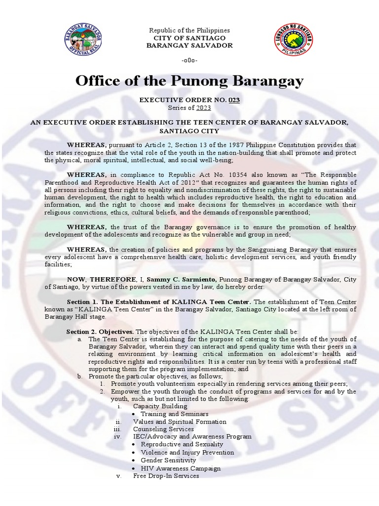 Executive Order No. 023 S. 2023 - Establishing The Teen Center | PDF