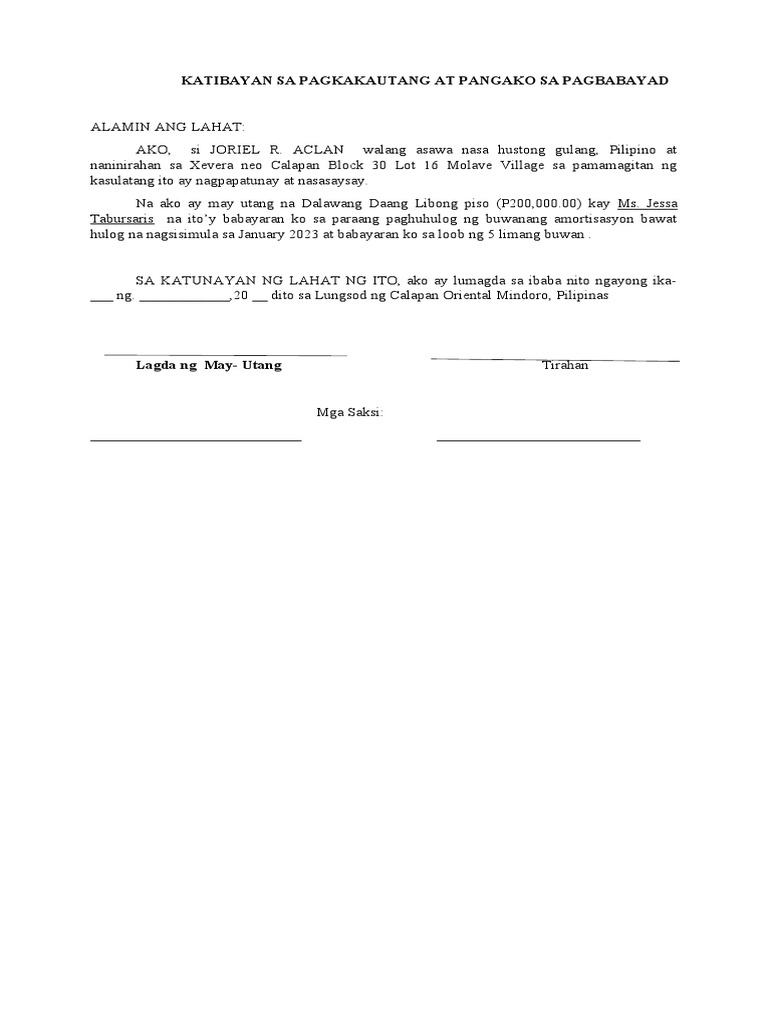 Katibayan Sa Pagkakautang at Pangako Sa Pagbabayad | PDF