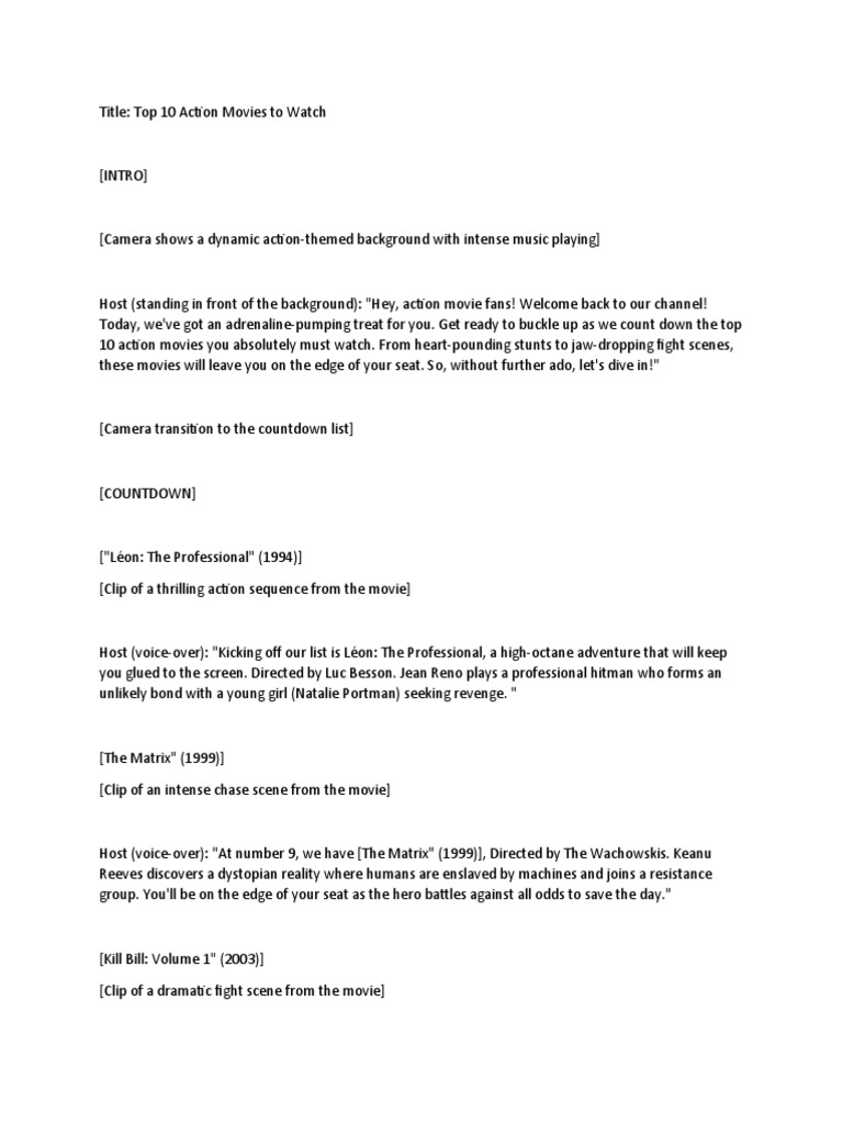 Script For Top 10 Action Movies To Watch | PDF
