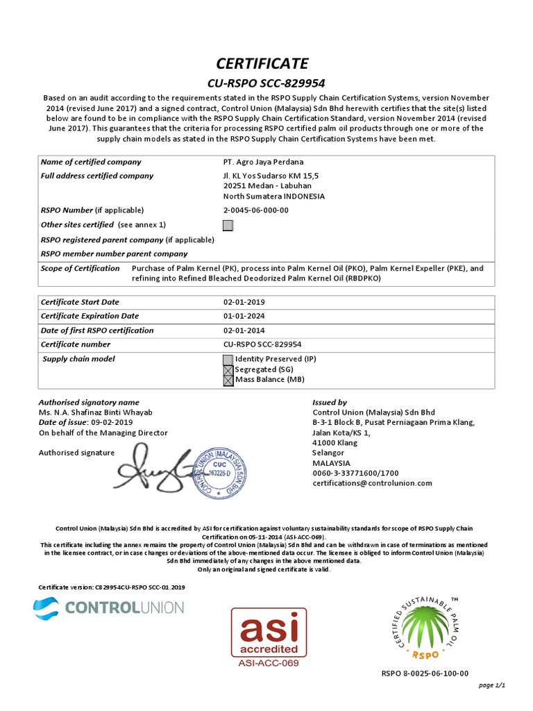 RSPO SCC Certificate (2019-2024) AJP | PDF