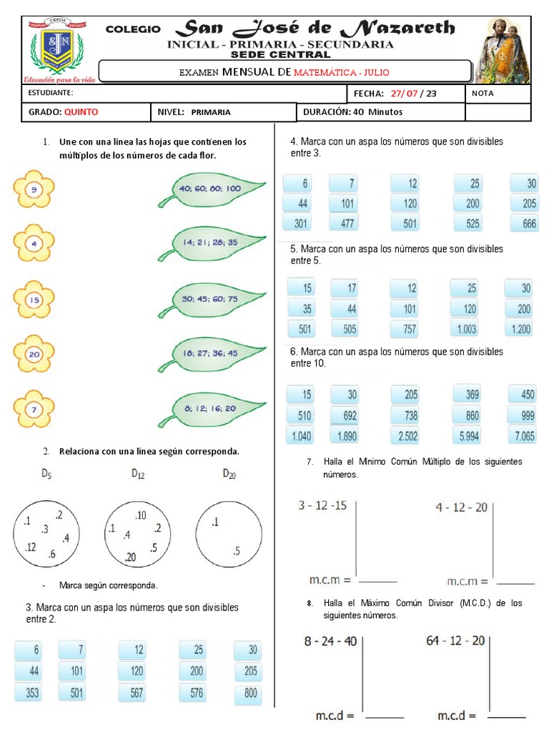 EXÁMENES MENSUALES MATE - JULIO - 5to | PDF