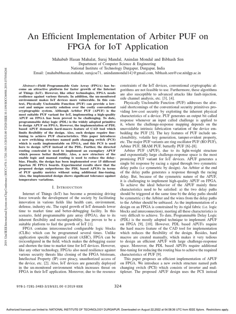 An Efficient Implementation of Arbiter PUF On FPGA For IoT Application | PDF