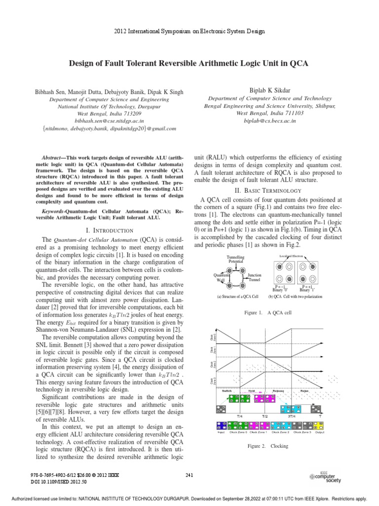 Design Of Fault Tolerant Reversible Arithmetic Logic Unit In Qca Pdf
