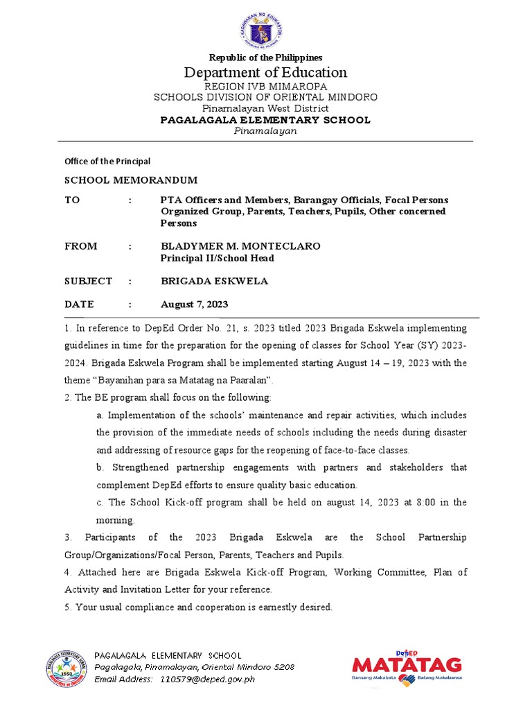 Be 2023 School Memo | PDF