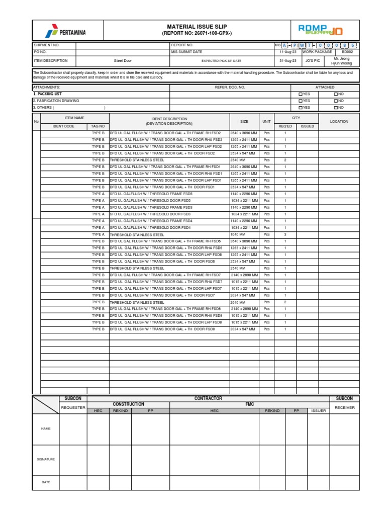 Material Issue Slip (MIS) Form (ARCH) Steel Door | PDF