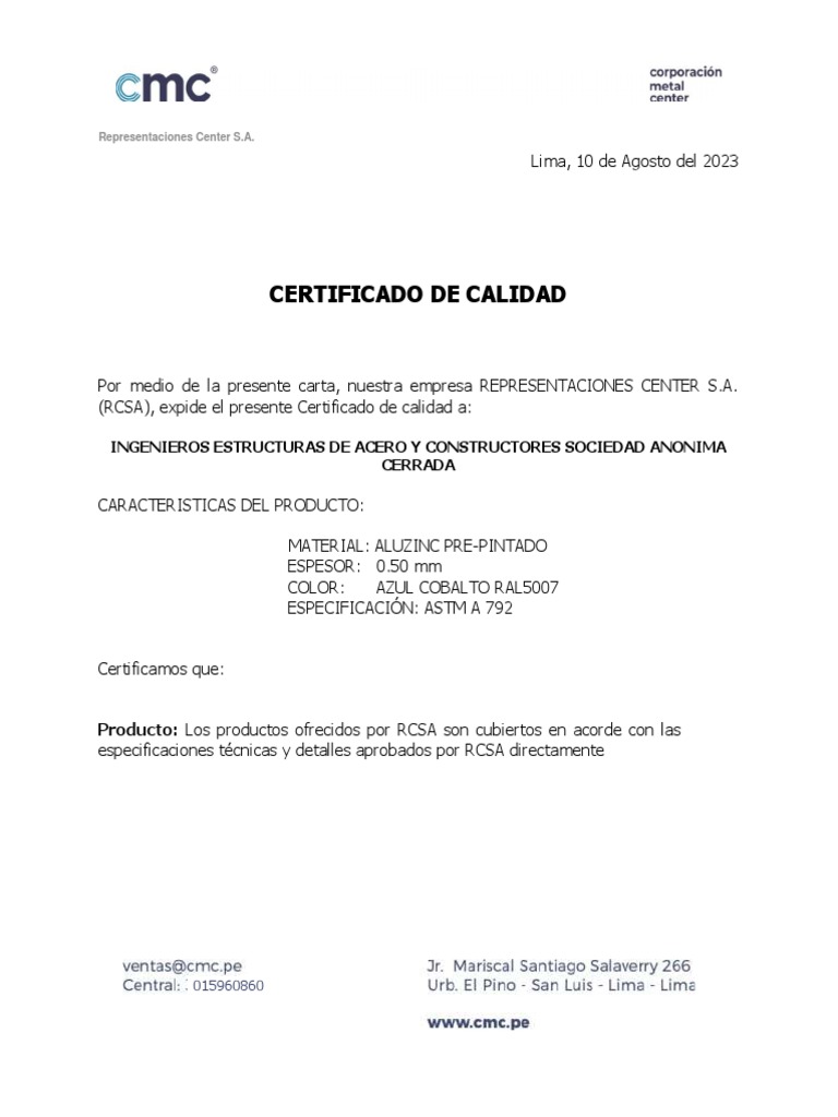 Certificado Calidad | PDF
