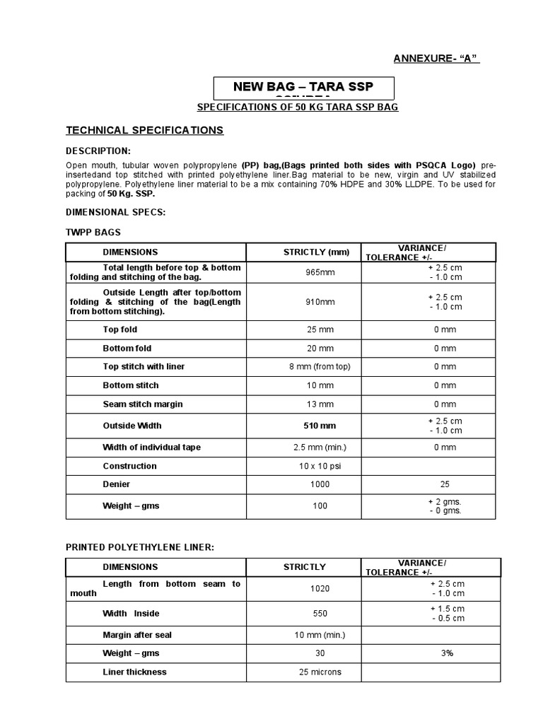 Specifications for 50 kg Tara SSP Bag | PDF