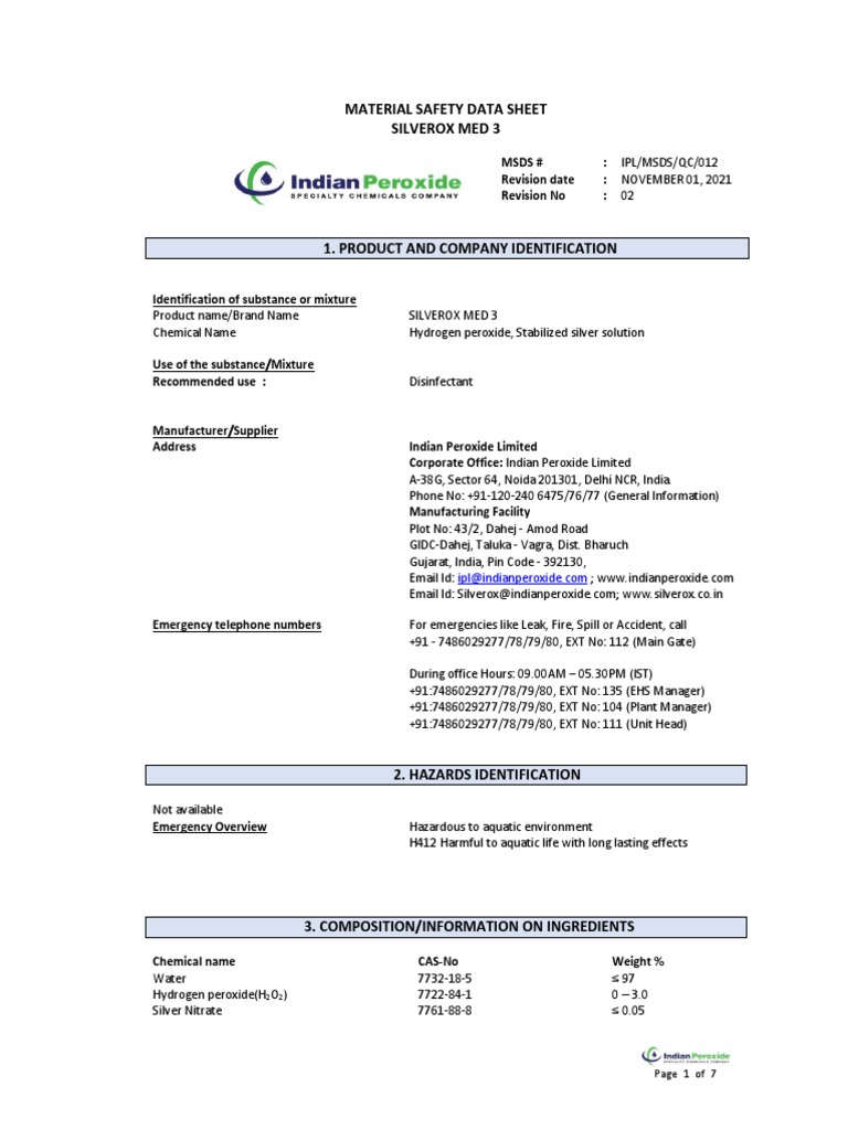 IPL - MSDS - SILVEROX MED 3 | PDF