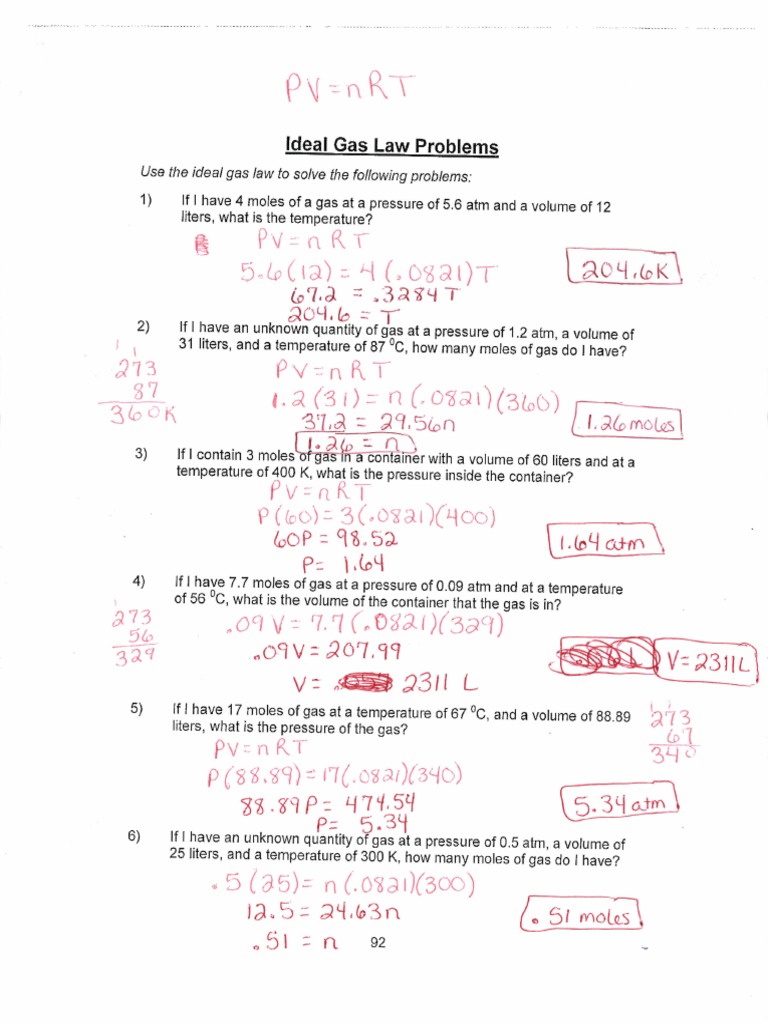 Answers To Ideal Gas Law Questions | PDF